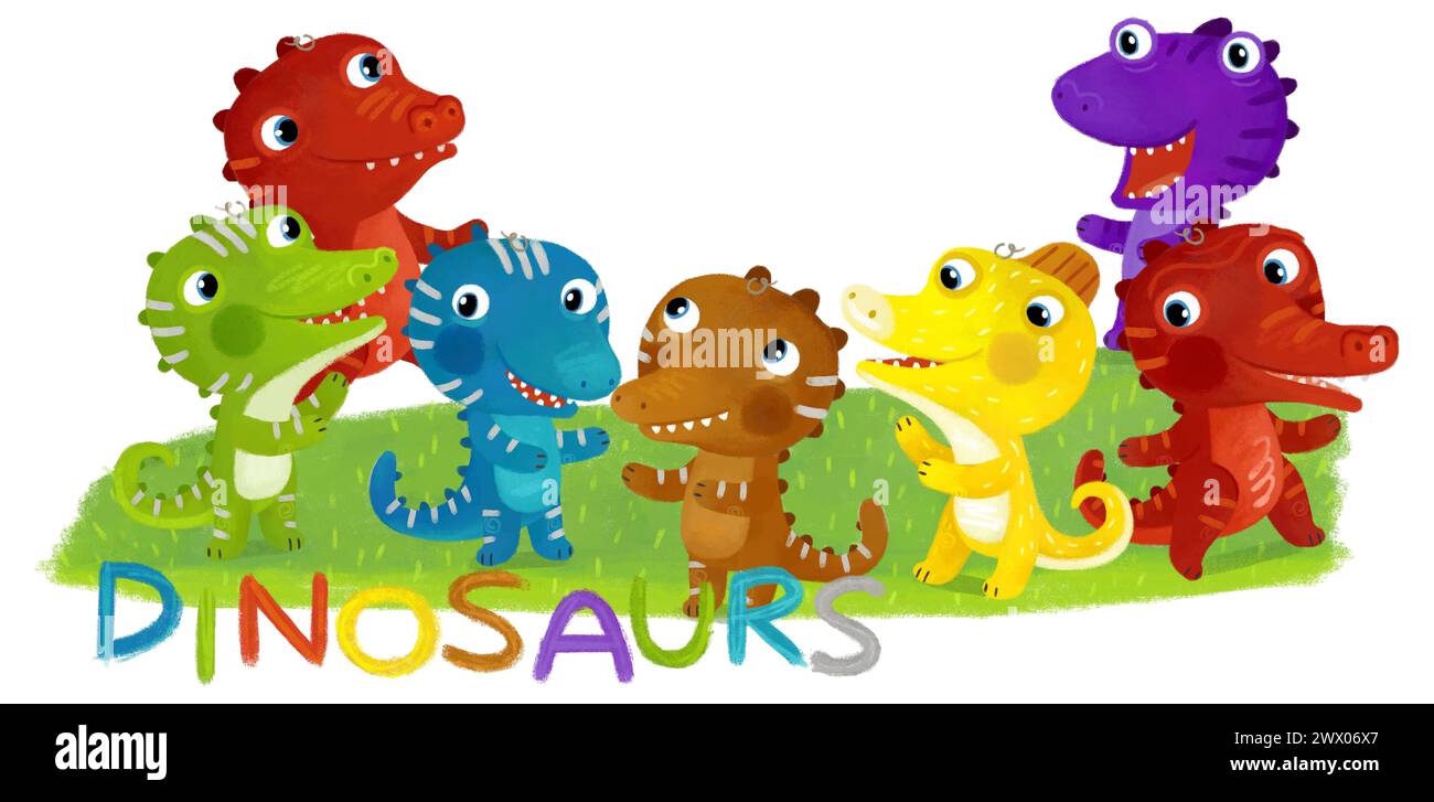 cartoon scene with dino dinosaurs or dragons friends playing having fun ...