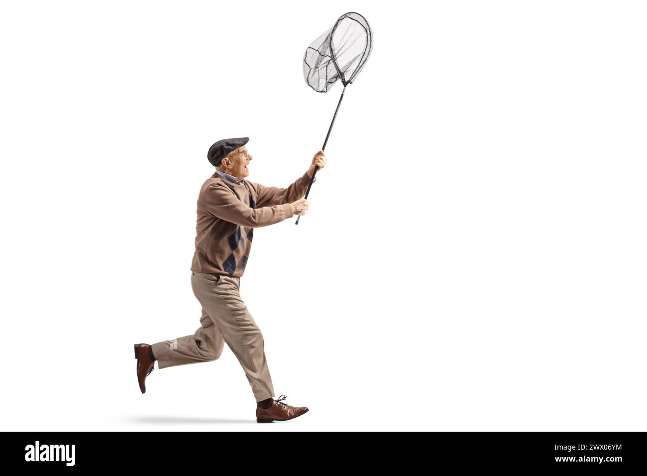Elderly man running with a catching net isolated on white background ...