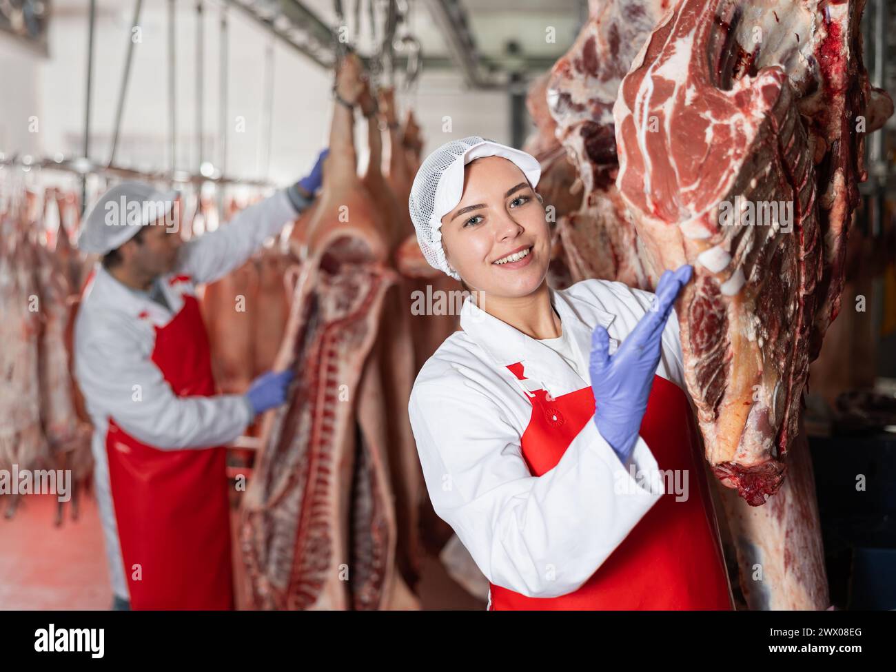 Female slaughterhouse worker showing beef chunk in meat storage Stock ...