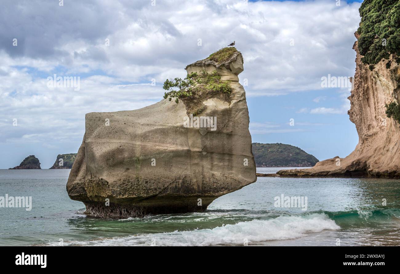 Large isolated rock outcrop offshore at Cathedral Cove, Coromandel ...