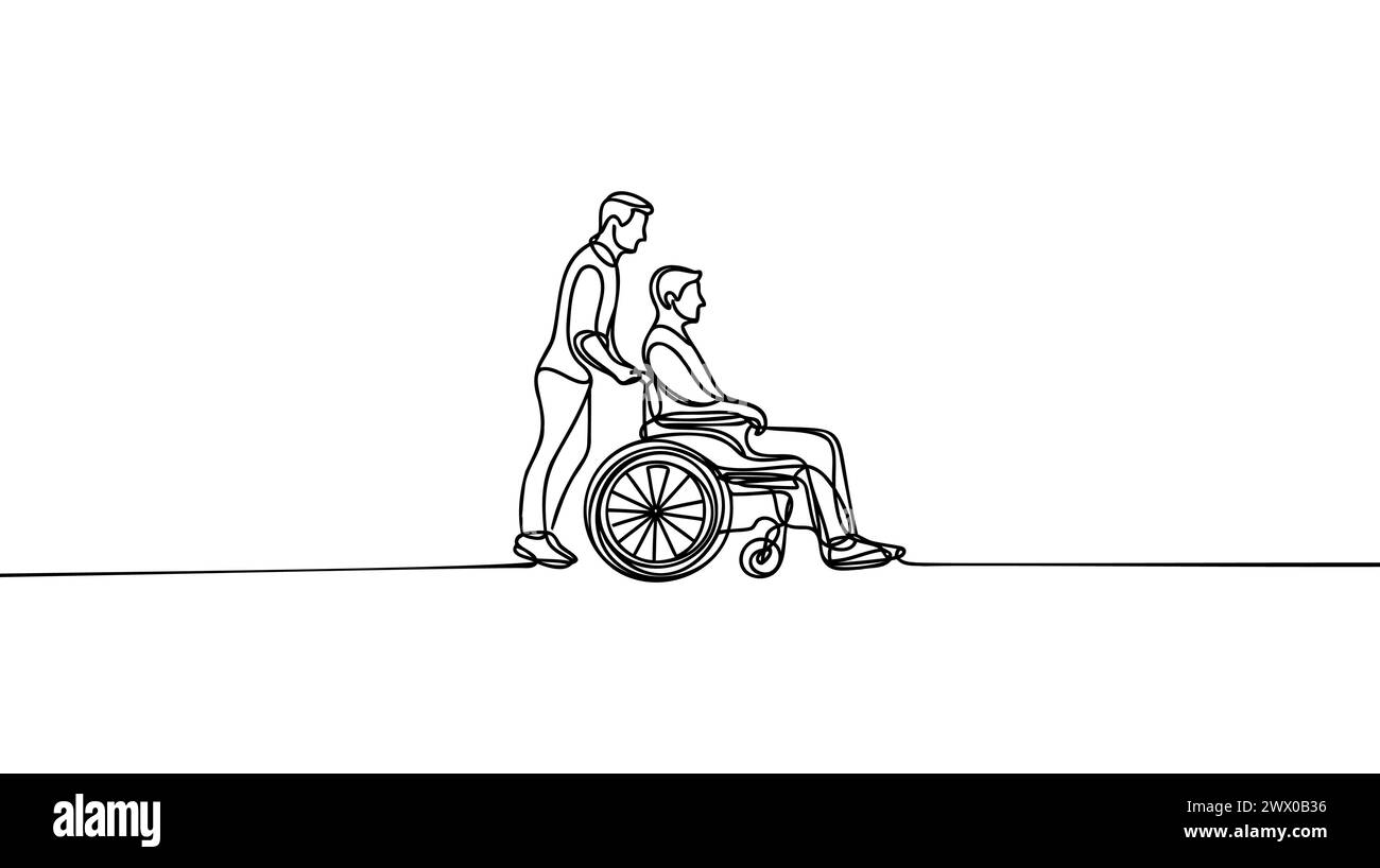 Man carries a disabled in a wheelchair continuous one line vector ...