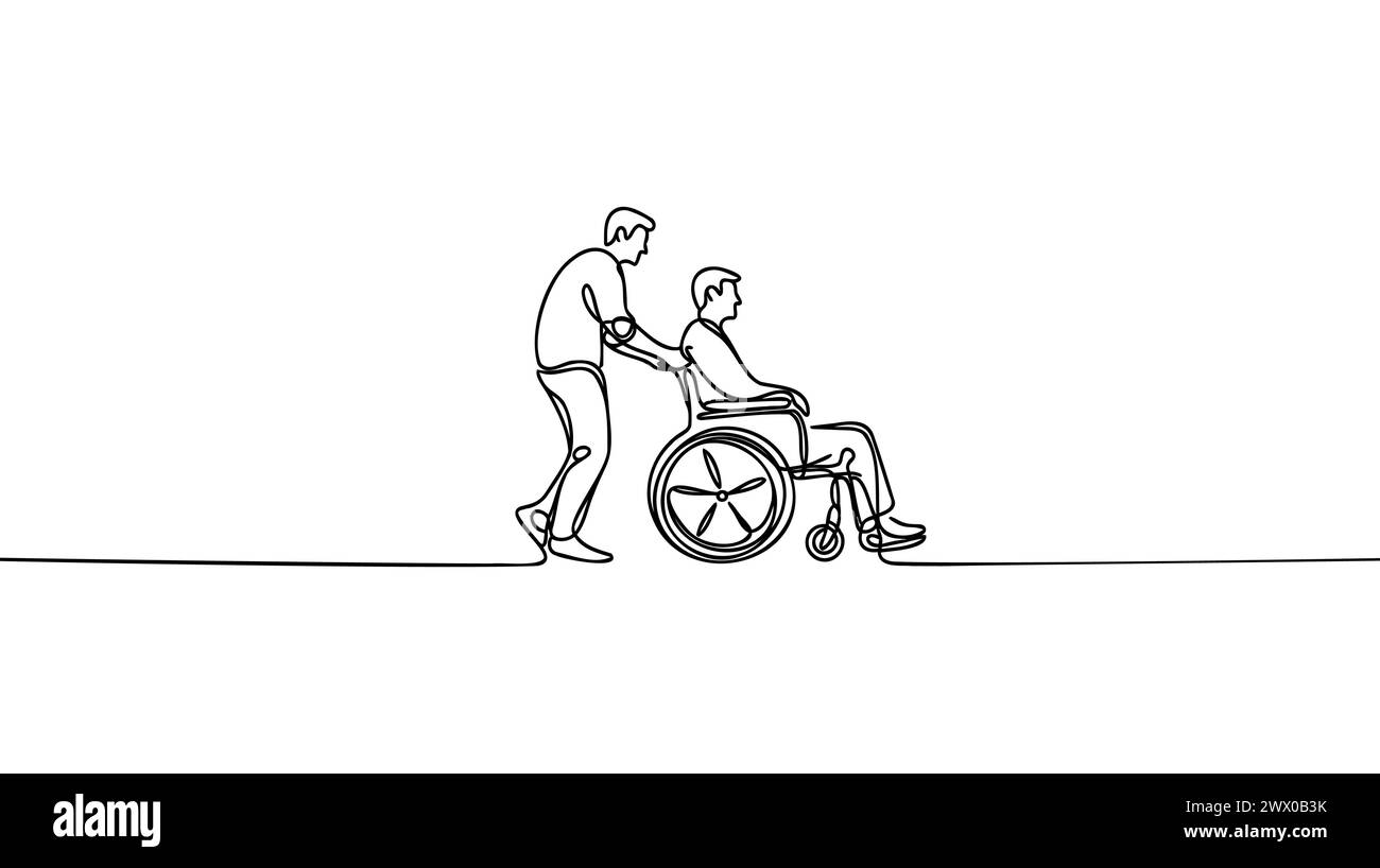 Man carries a disabled in a wheelchair continuous one line vector ...