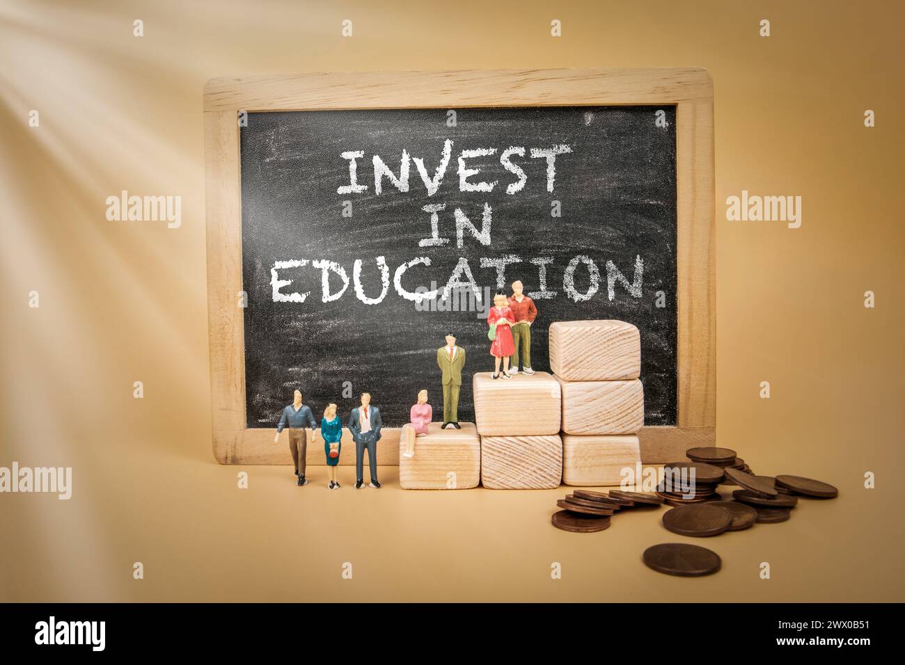 Invest In Education Concept. Text on a chalk board. Miniature human ...