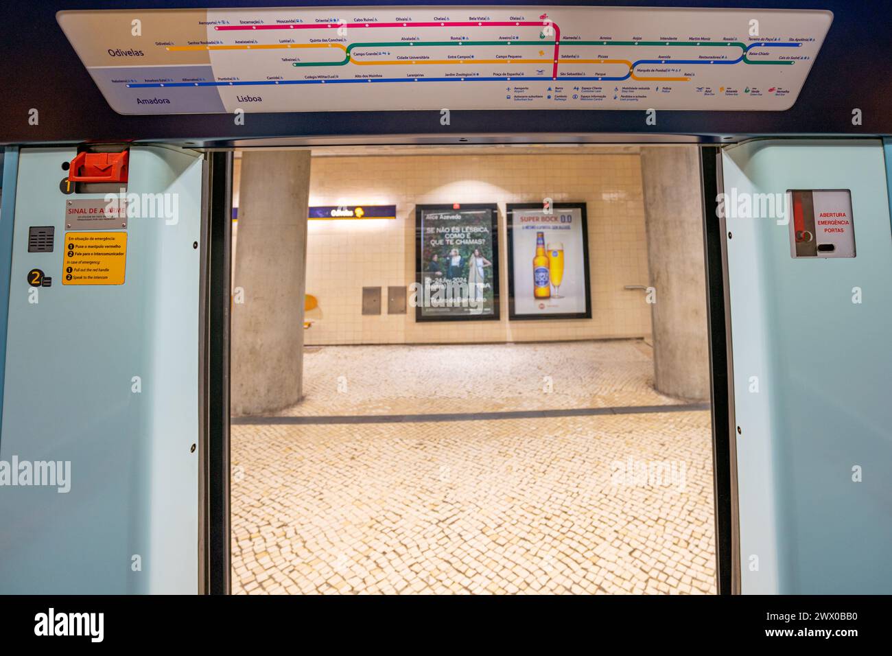 Diagram, map, of metro stations seen through carriage interior. Lisbon ...