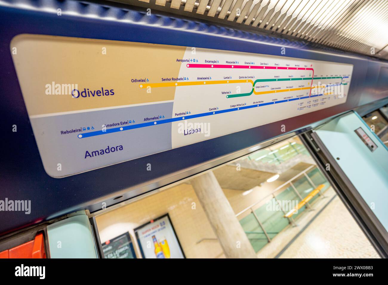 Diagram, map, of metro stations seen through carriage interior. Lisbon ...