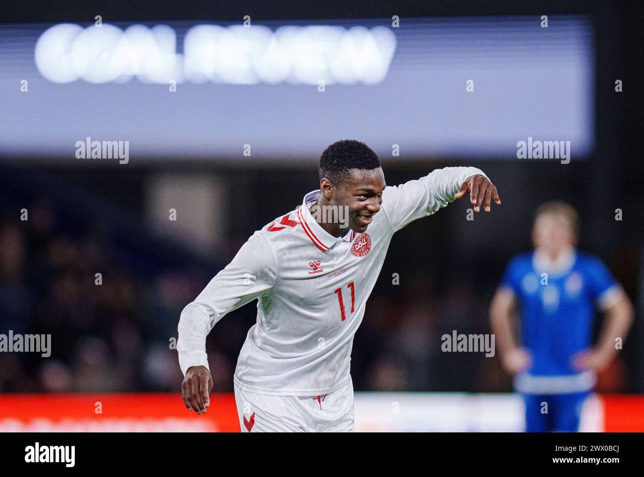 Denmark's Mohamed Daramy as his goal is approved after VAR during the ...