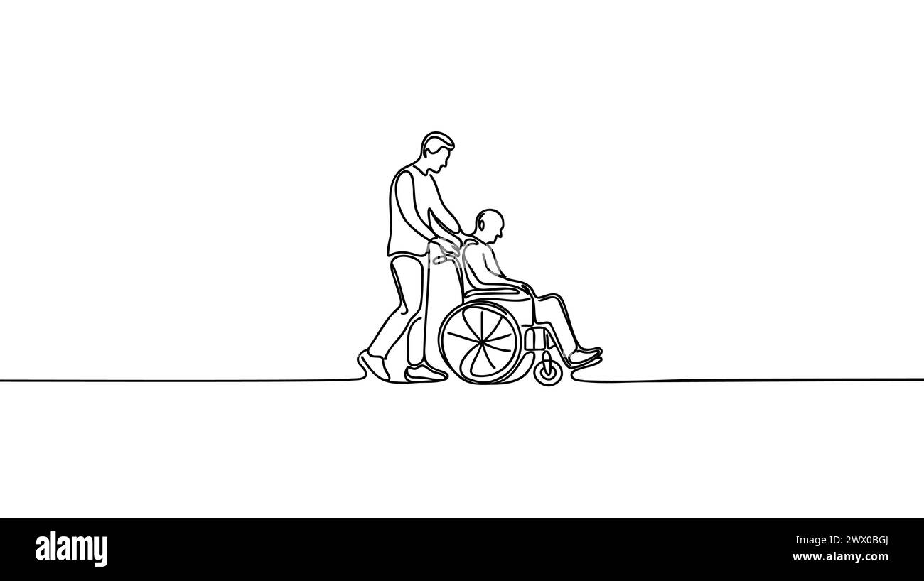 Man carries a disabled in a wheelchair continuous one line vector ...