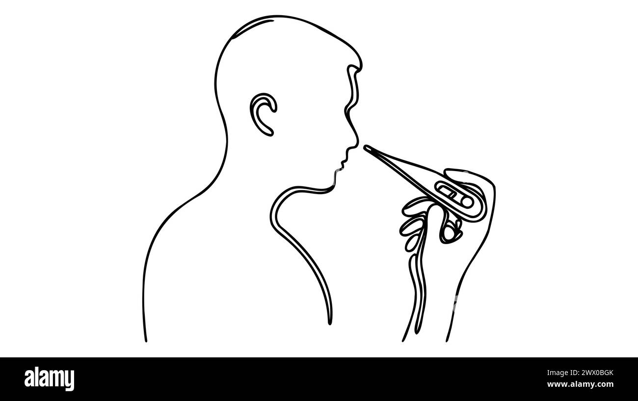 Single one line drawing man headache have a fever, flu and check ...