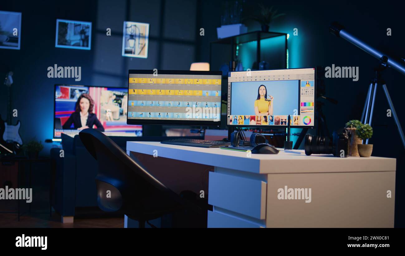 Cutting edge creative office in multimedia agency with multi monitor ...