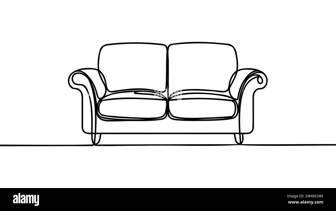Continuous line drawing of front view the sofa. Modern sofa isolated on ...