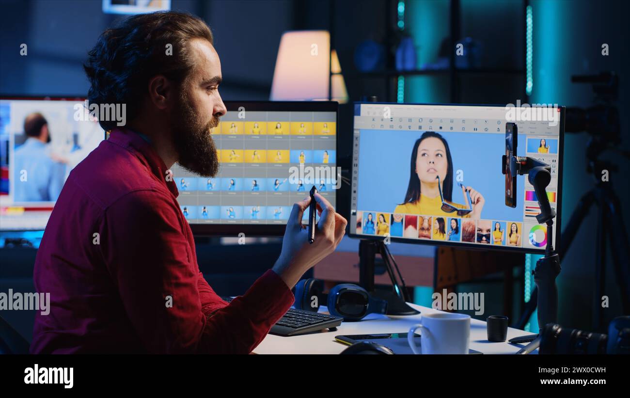 Photo editor content creator filming video on selecting editorial ...