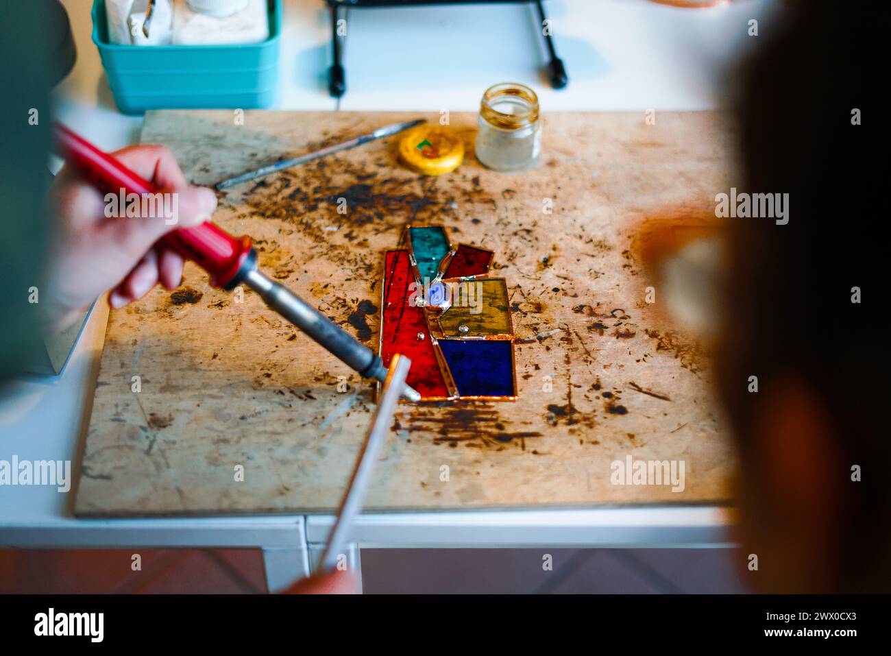 Stained glass workshop. Close up Stock Photo - Alamy