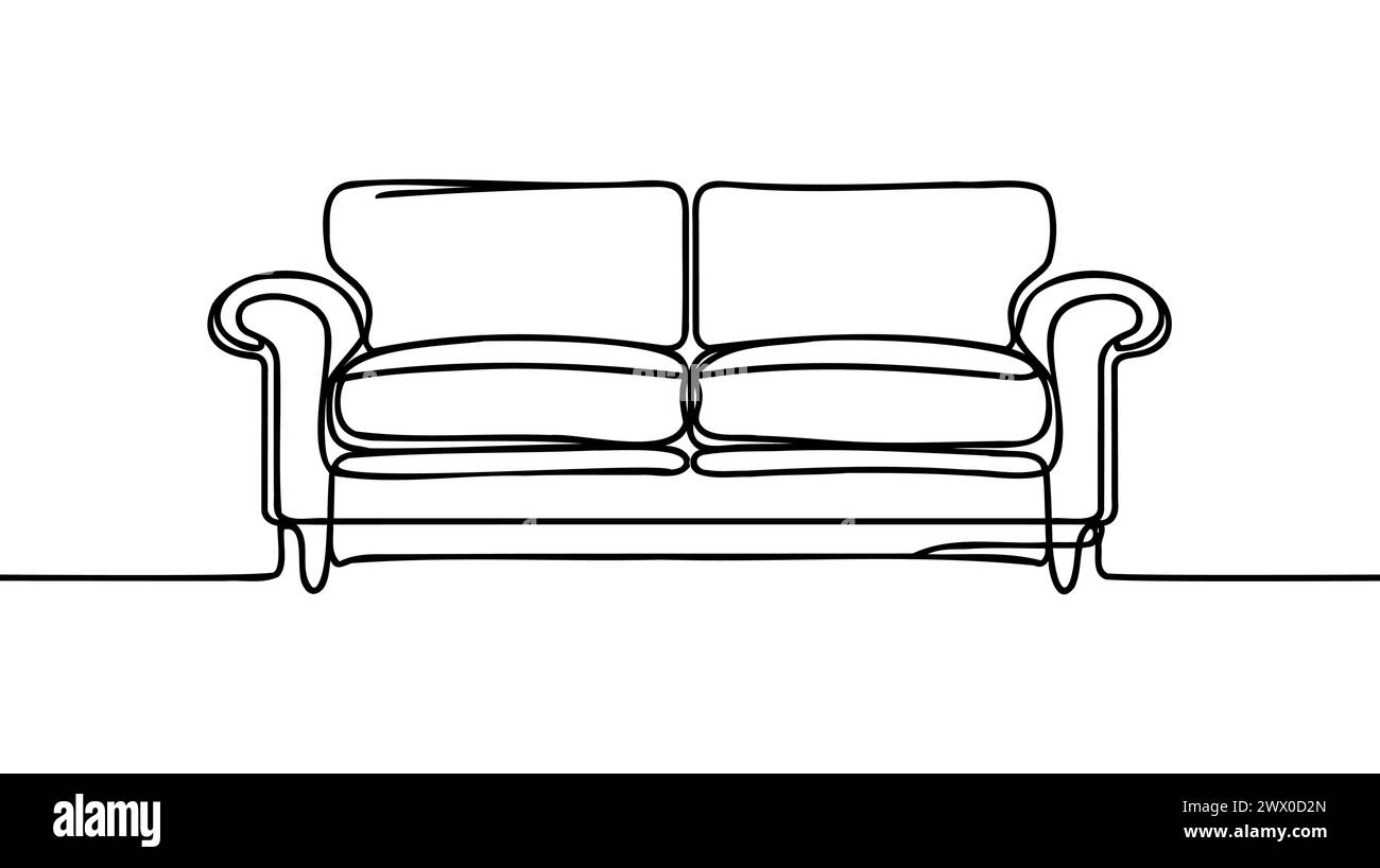 Continuous line drawing of front view the sofa. Modern sofa isolated on ...