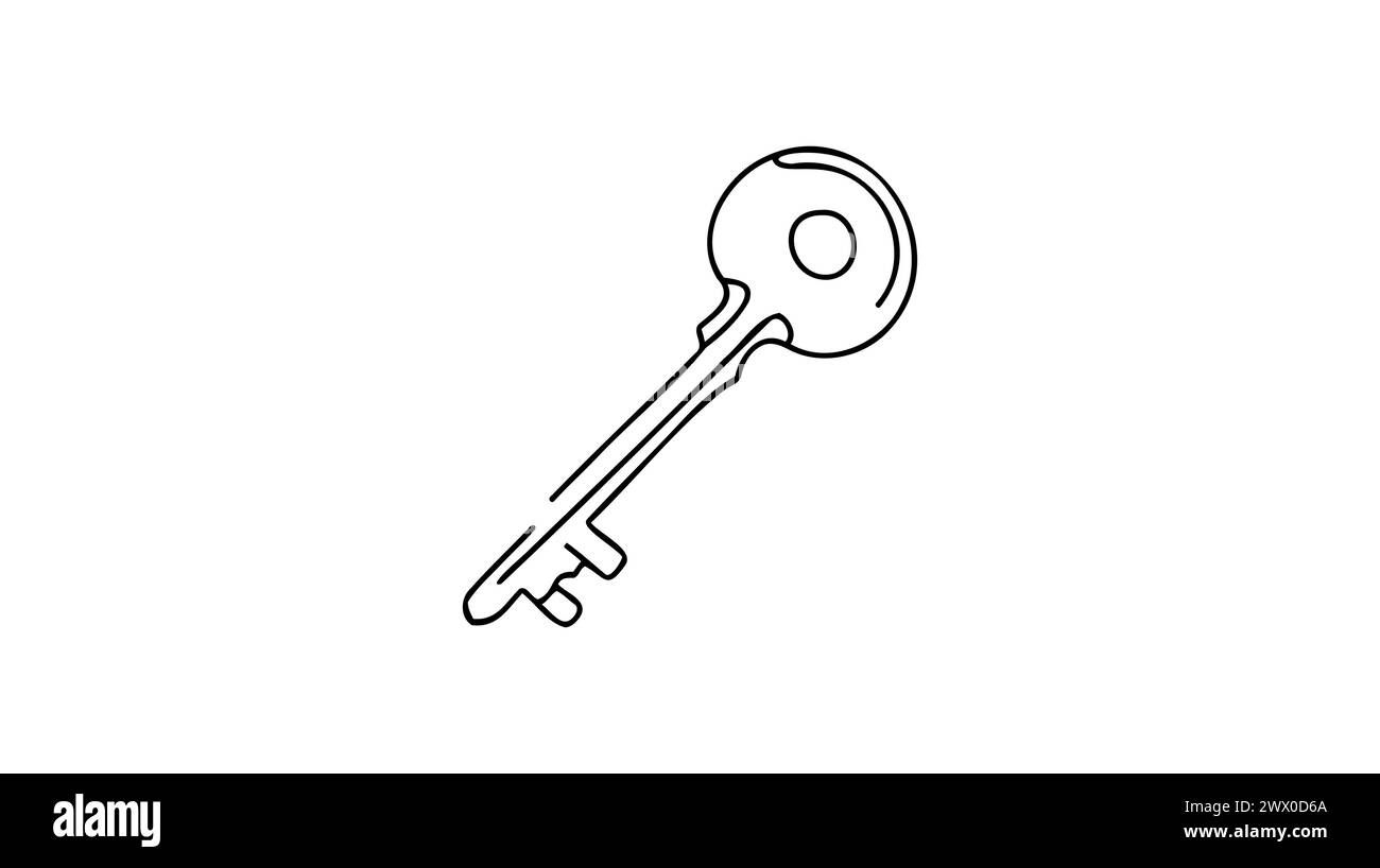 Single old key drawing in style of one continuous line black color ...