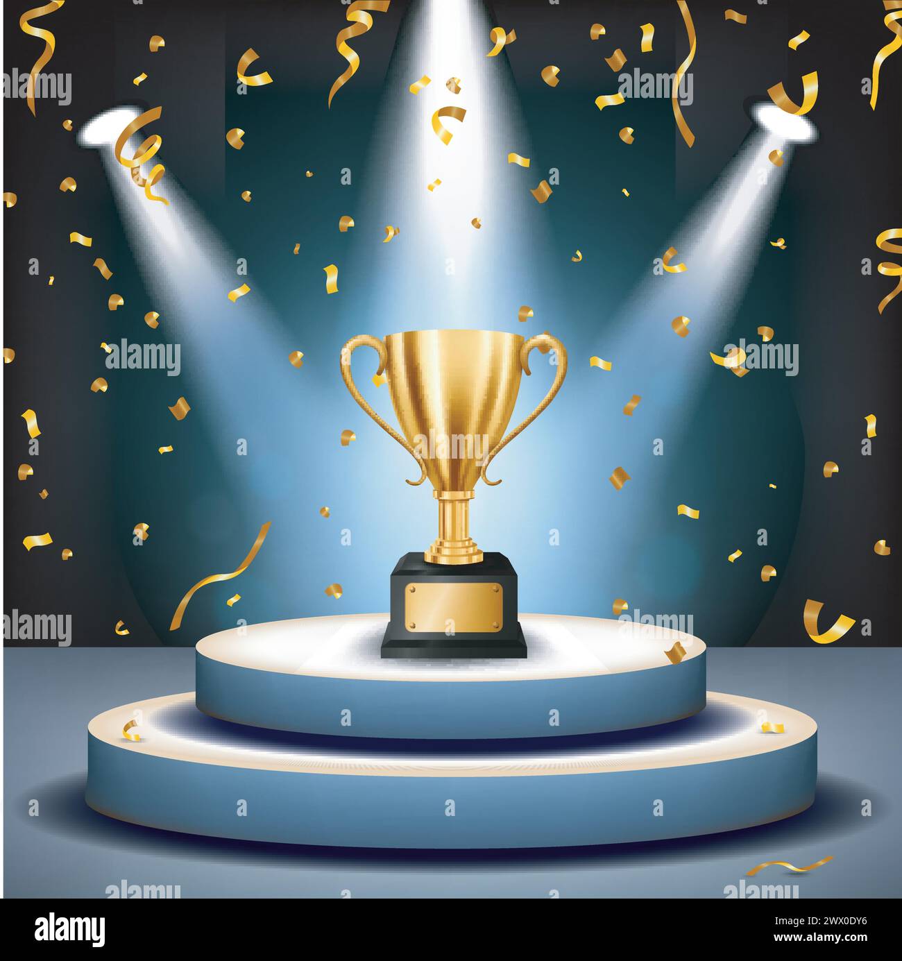 Realistic Gold Trophy on Stage with Confetti Falling and Illuminated ...