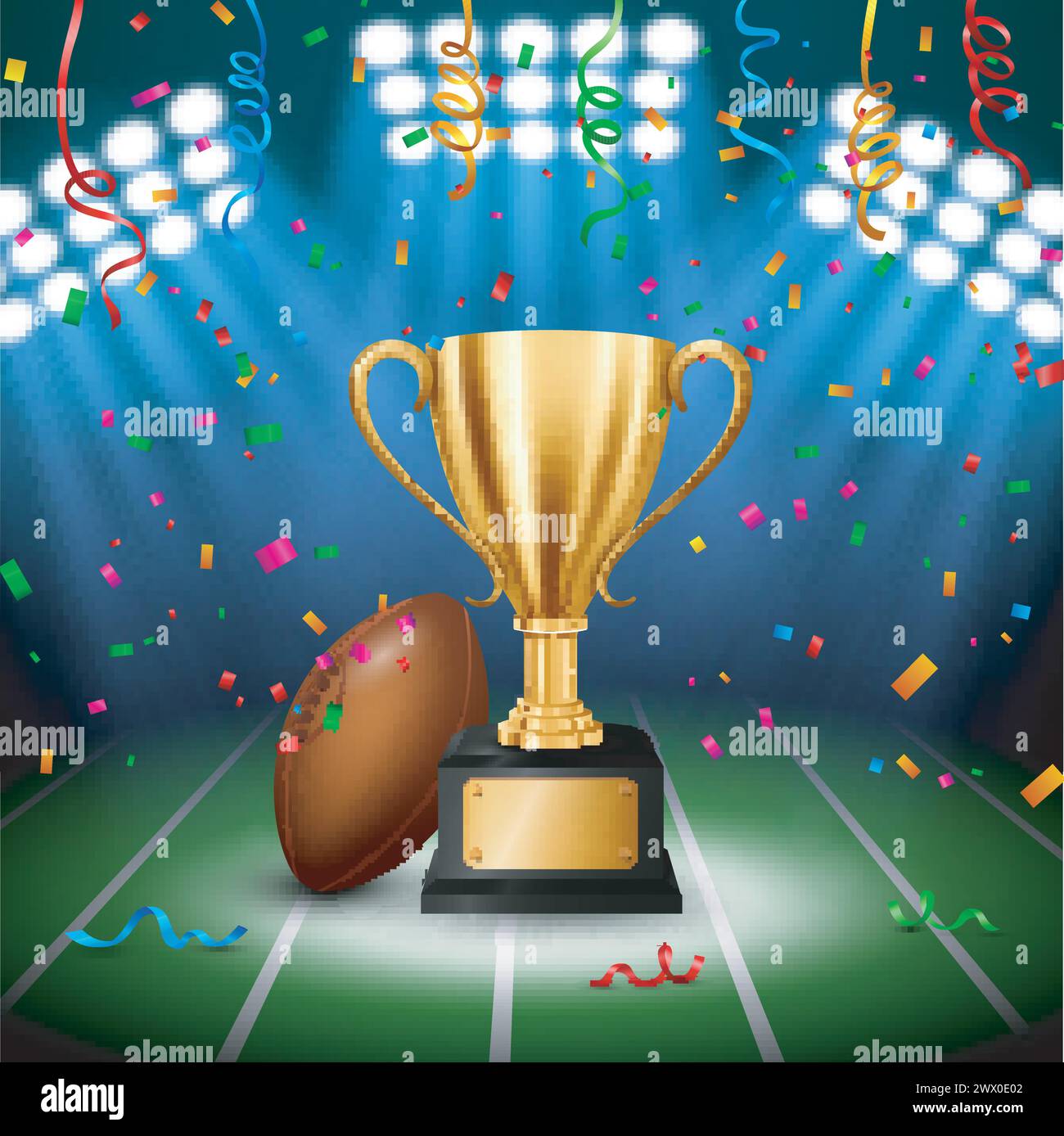 American Football Championship with Golden Trophy with Falling Confetti ...