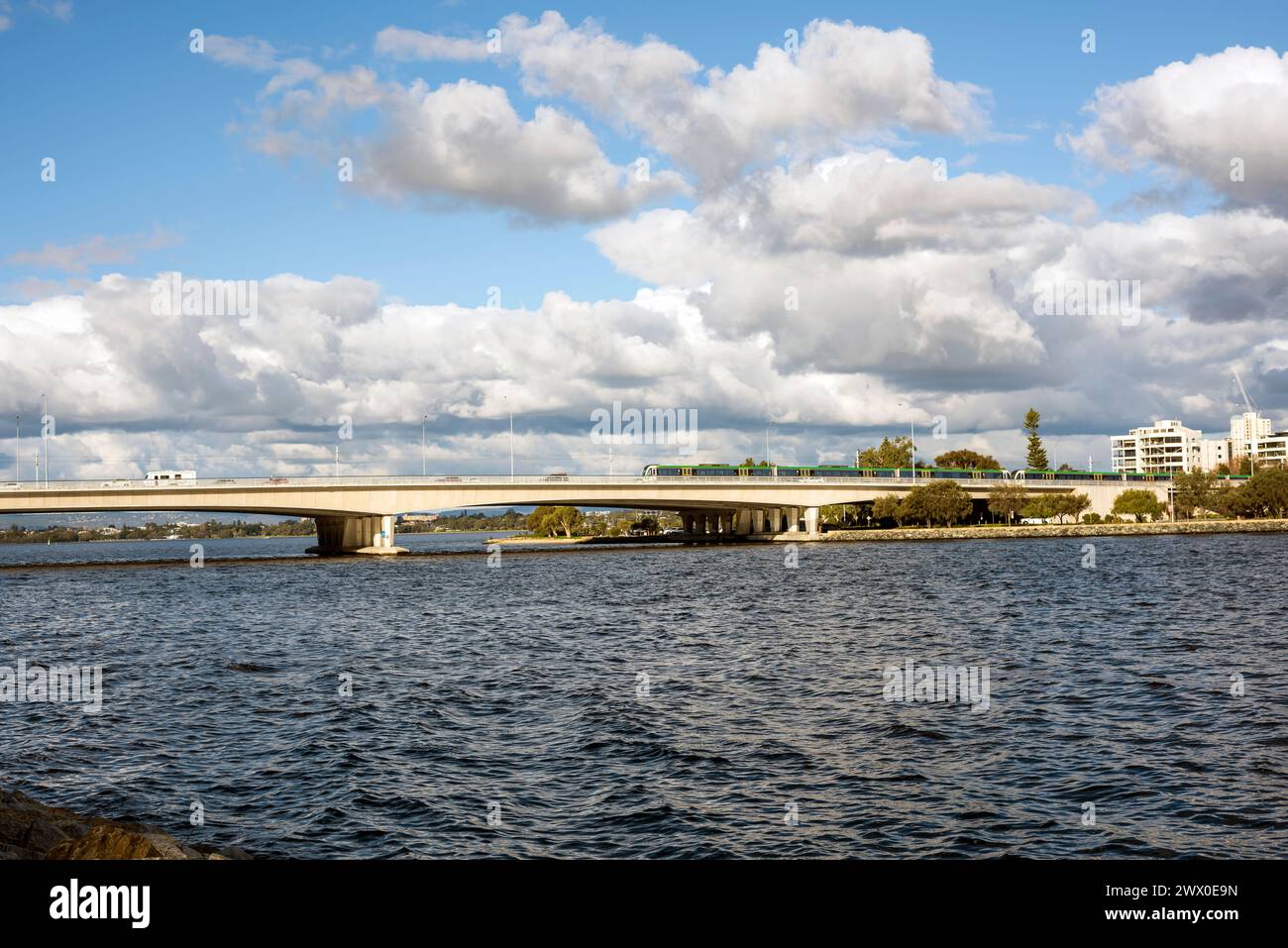 Train and traffic on the Narrows Bridge, Perth, Australia Stock Photo ...