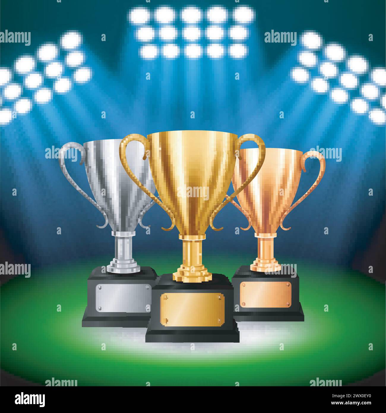 Championship with 3 Trophies with Illuminated Spotlight, Vector ...