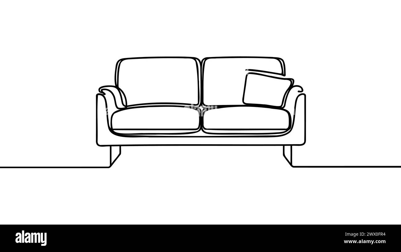 Continuous line drawing of front view the sofa. Modern sofa isolated on ...