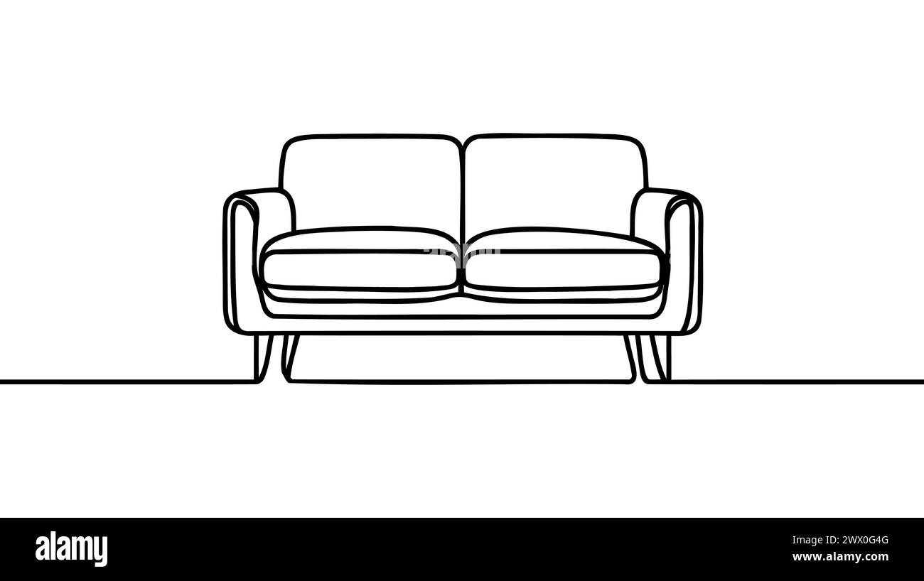 Continuous line drawing of front view the sofa. Modern sofa isolated on ...