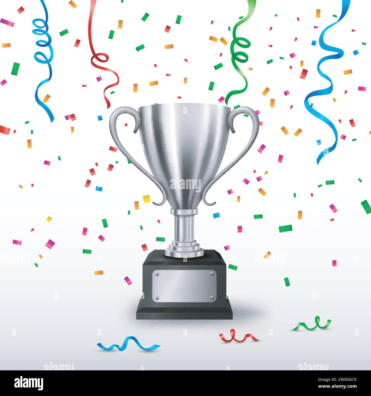 Realistic Silver Trophy with Text Space and Falling Confetti, Vector ...