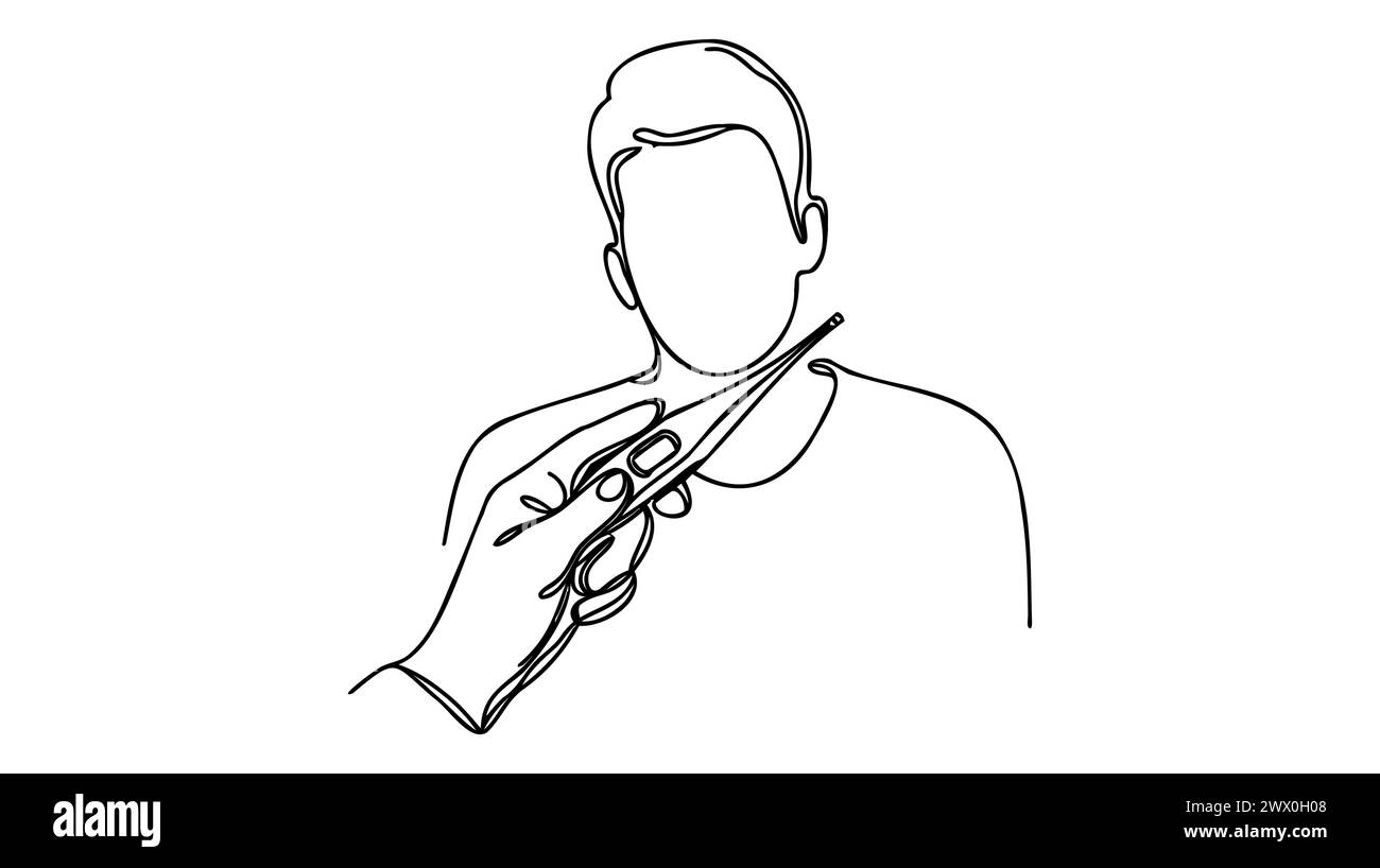 Single one line drawing man headache have a fever, flu and check ...
