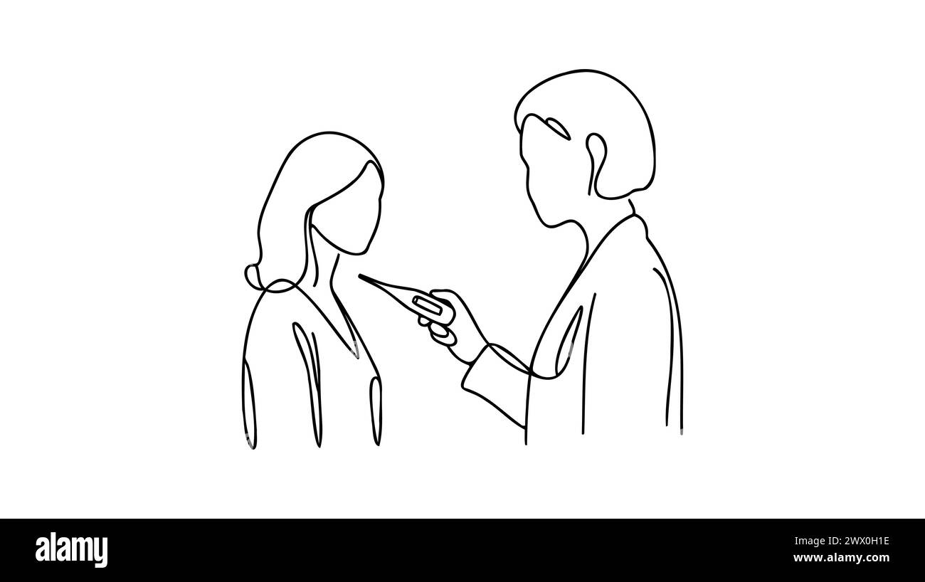 Single one line drawing woman headache have a fever, flu and check ...