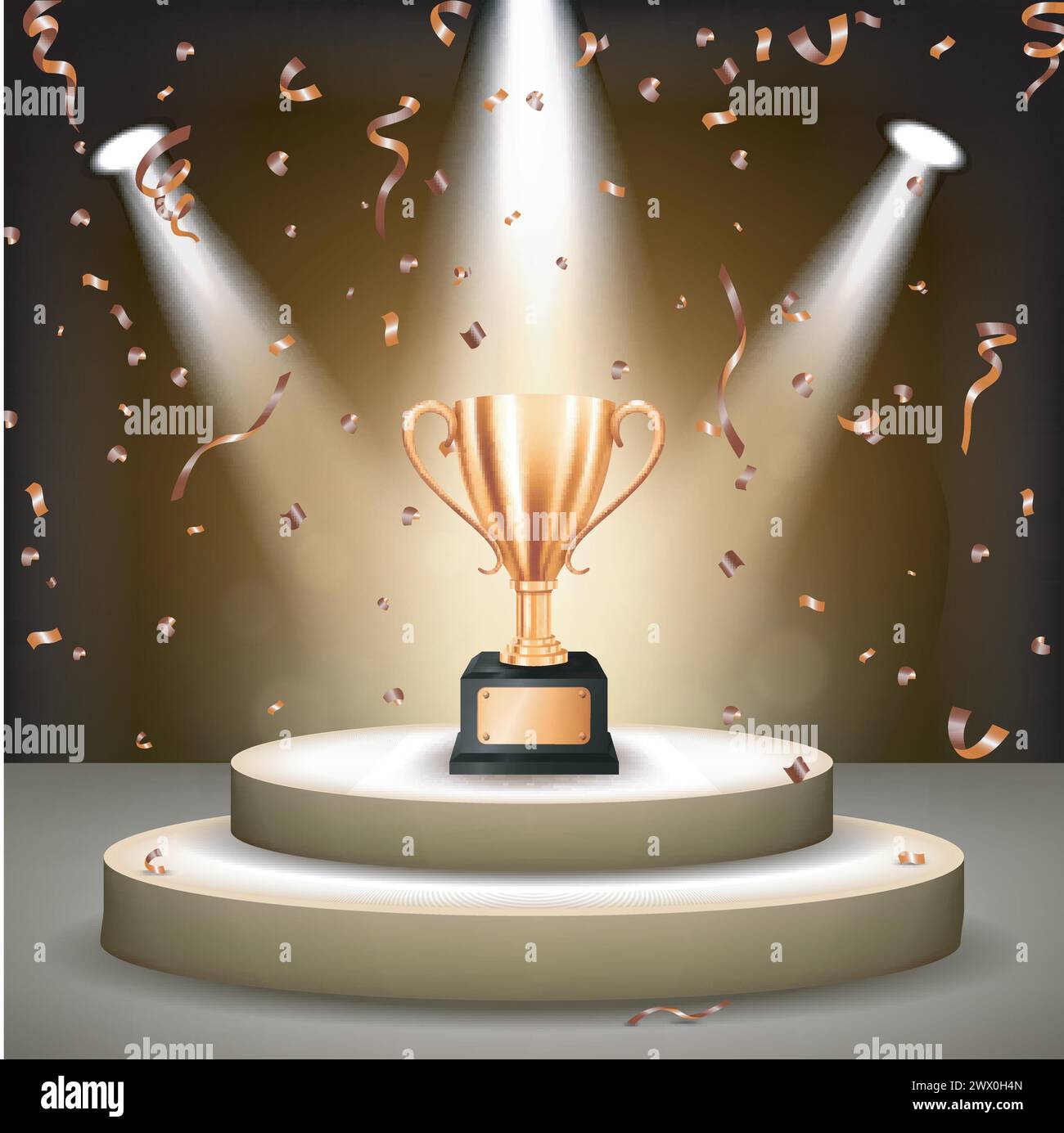 Realistic Bronze Trophy on Stage with Confetti Falling and Illuminated ...