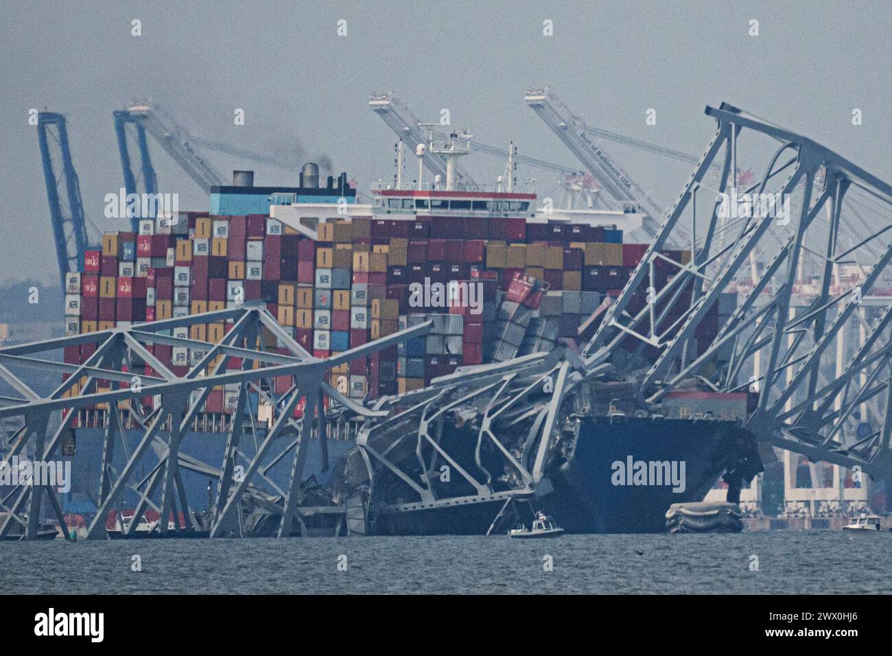 The Dali shipping container vessel is seen the ruins of Francis Scott ...