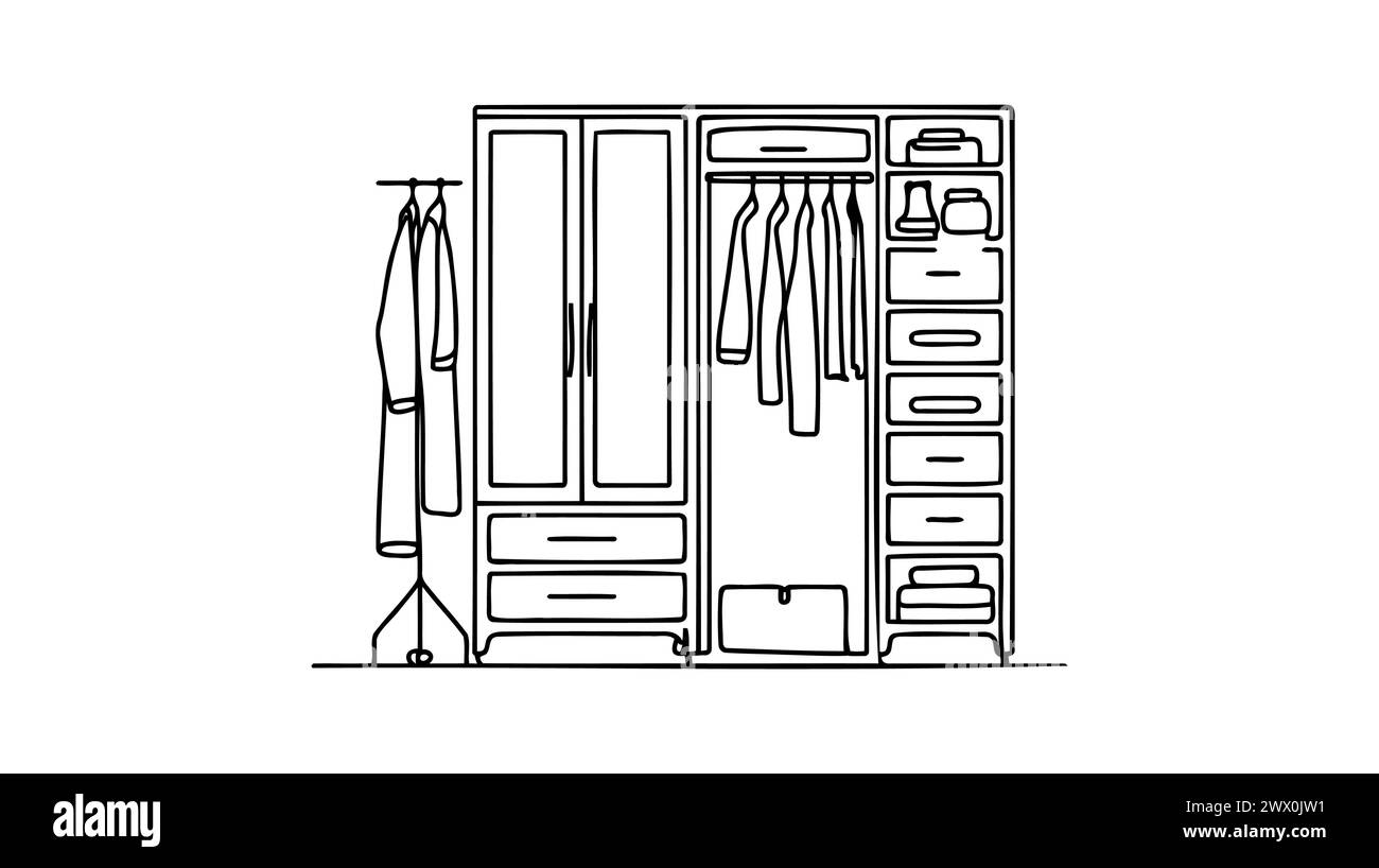Wardrobe in continuous line art drawing style. Classical style free ...