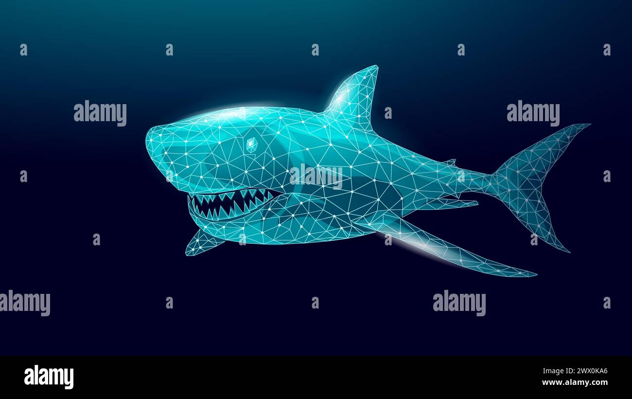 Ocean shark bottom view from below. Open toothy dangerous mouth with ...