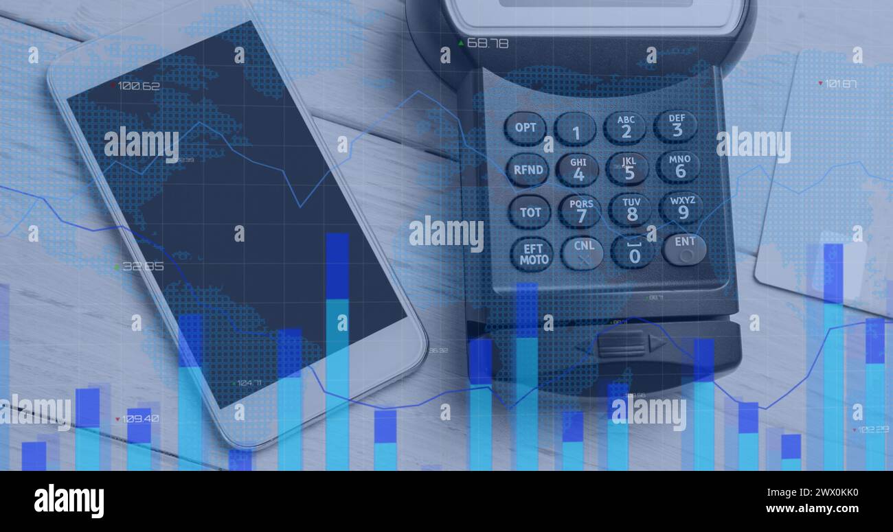 Image of graphs over smartphone with copy space and payment terminal ...