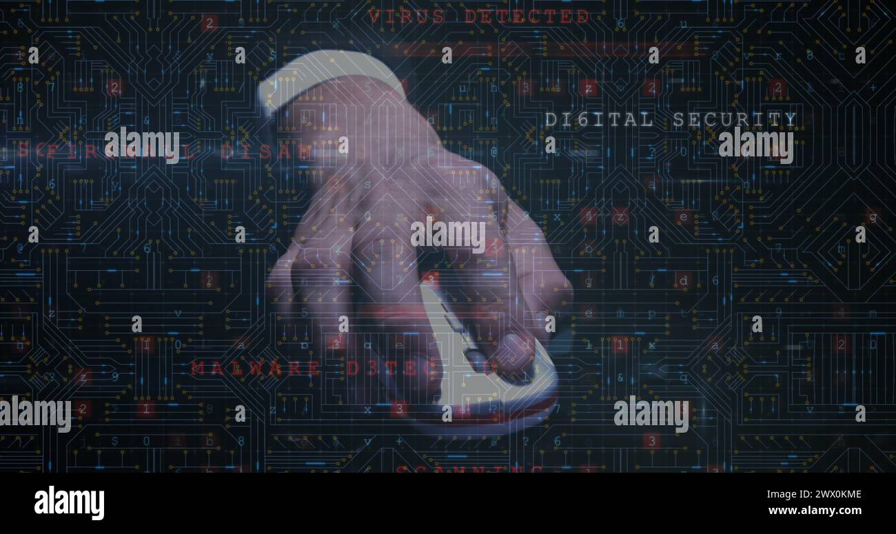 Image of cyber security data processing over mid section of businessman ...