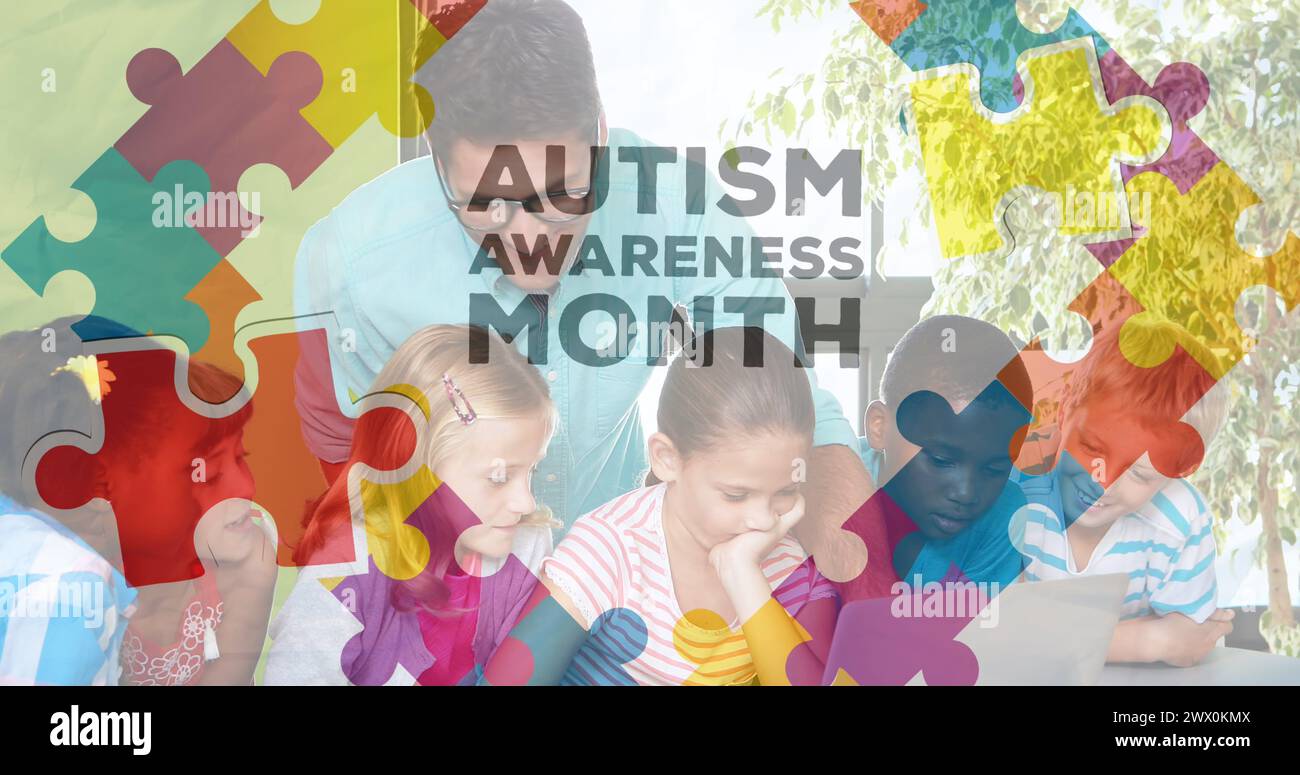 Image of colorful puzzles and autism awareness month over caucasian man ...