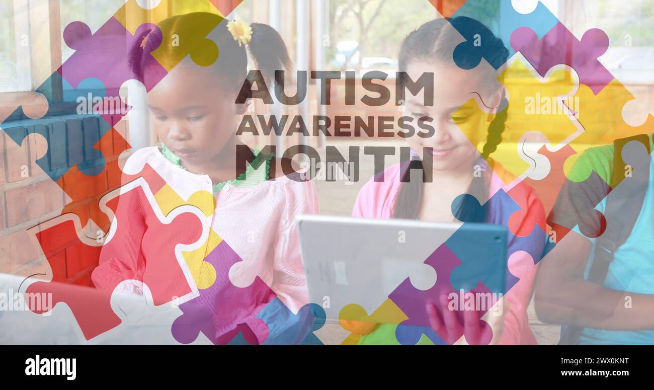 Image of colourful puzzle pieces and autism text over kids friends ...