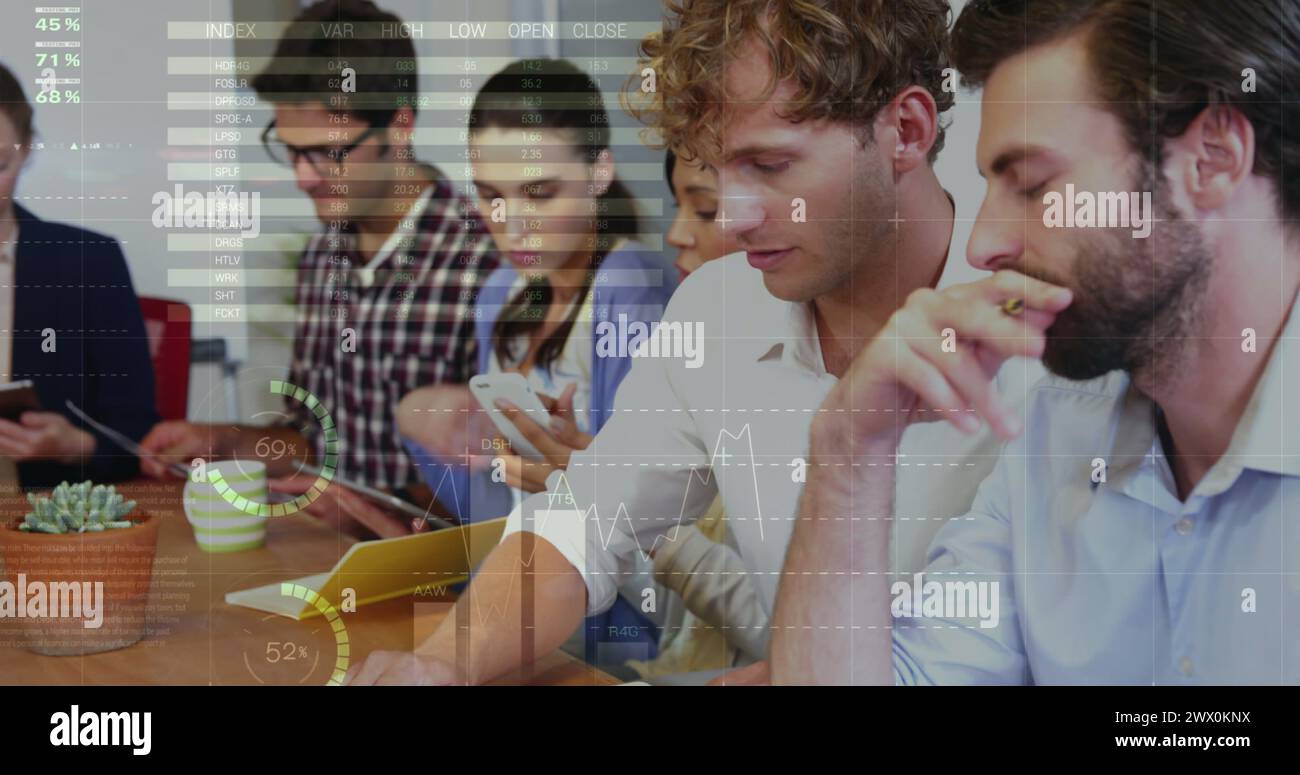 Image of data and world map over diverse business people using ...