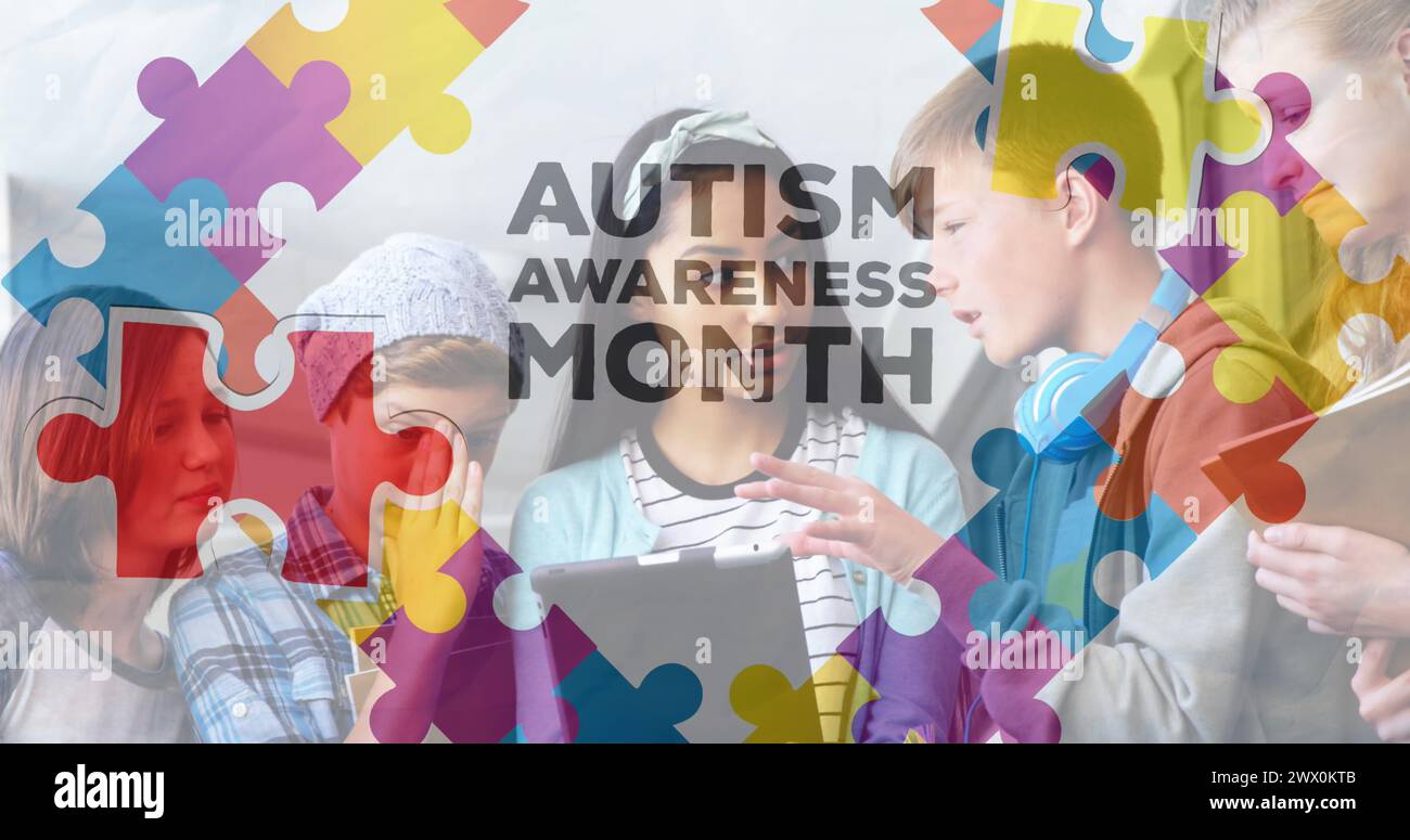 Image of colorful puzzles and autism awareness month over diverse ...