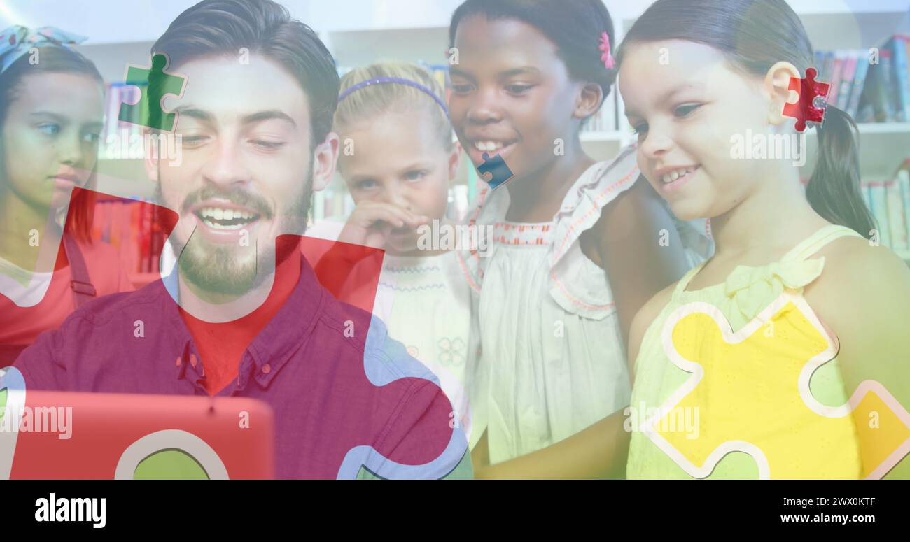 Image of puzzle over diverse schoolchildren. Autism awareness month and ...