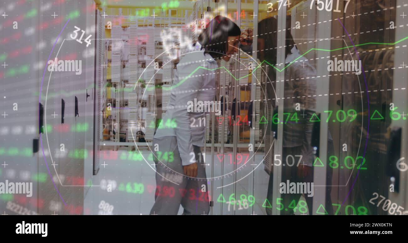Stock market data processing over stressed caucasian female engineer at ...