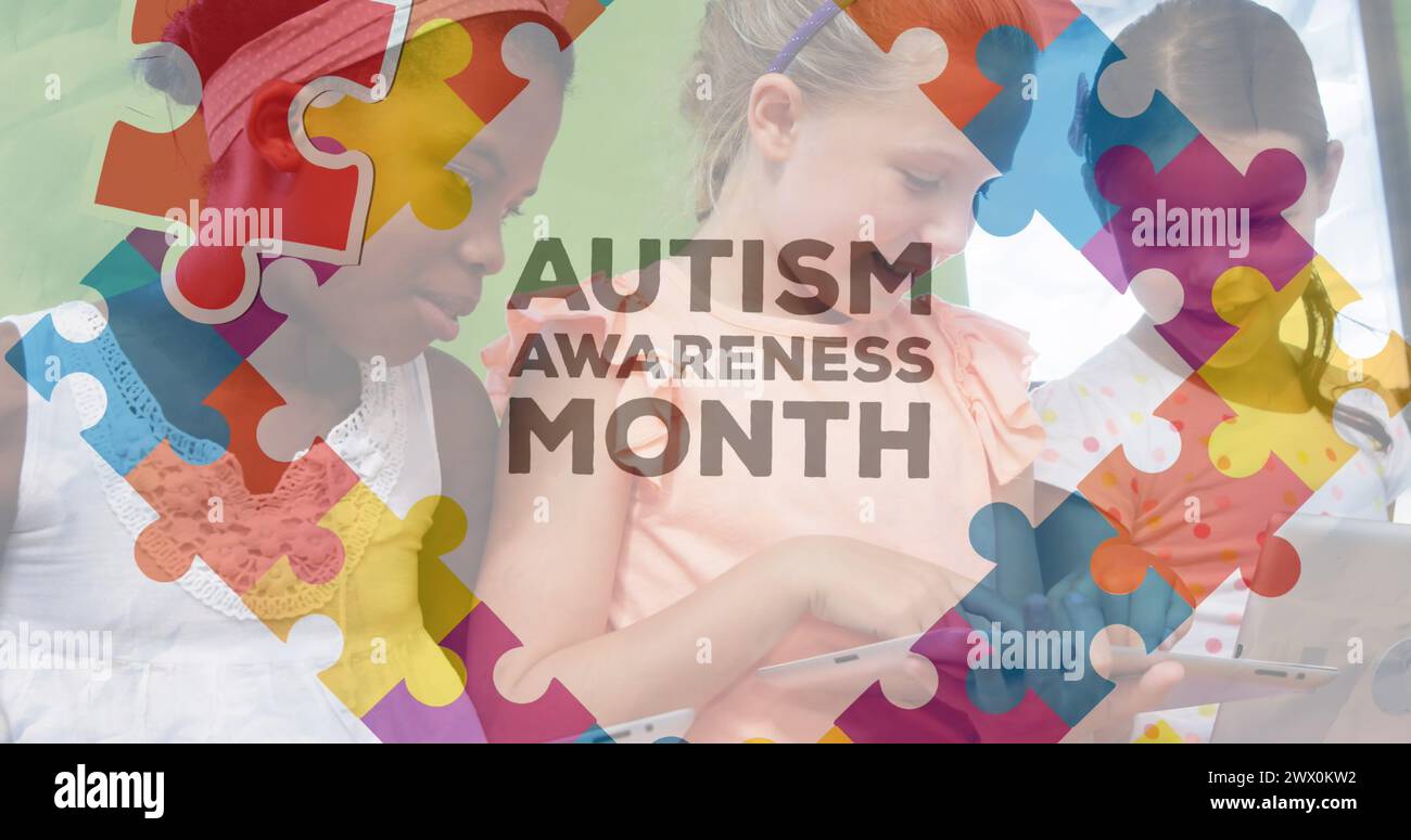 Image of autism awareness month text over diverse schoolchildren ...