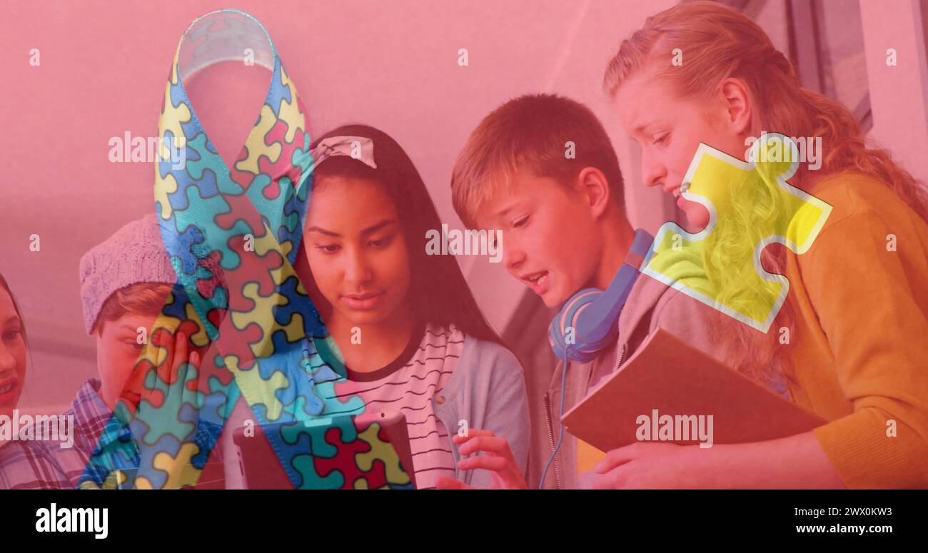 Image of colorful puzzle and ribbon over diverse children using tablet ...