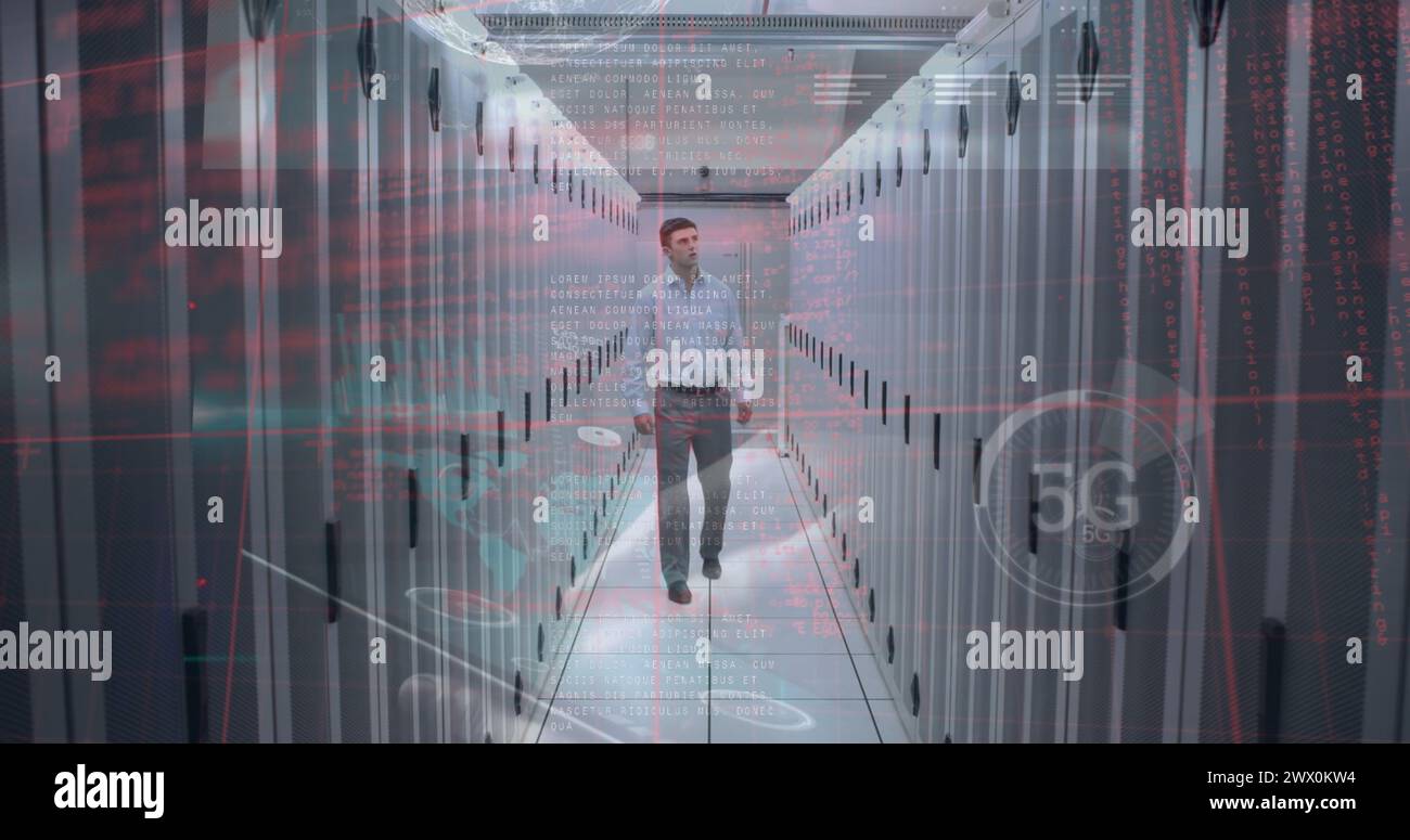 Multiple Screens With Data Processing Against Caucasian Male Engineer Walking In Server Room