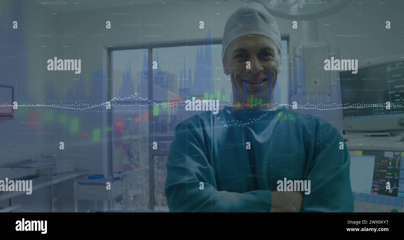 Image of statistical data processing over portrait of caucasian male ...