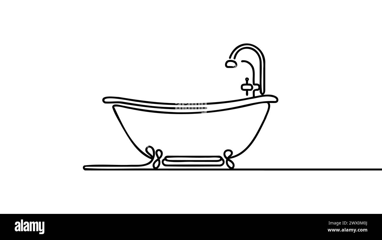 Bathtub in continuous line art drawing style. Clawfoot tub minimalist ...