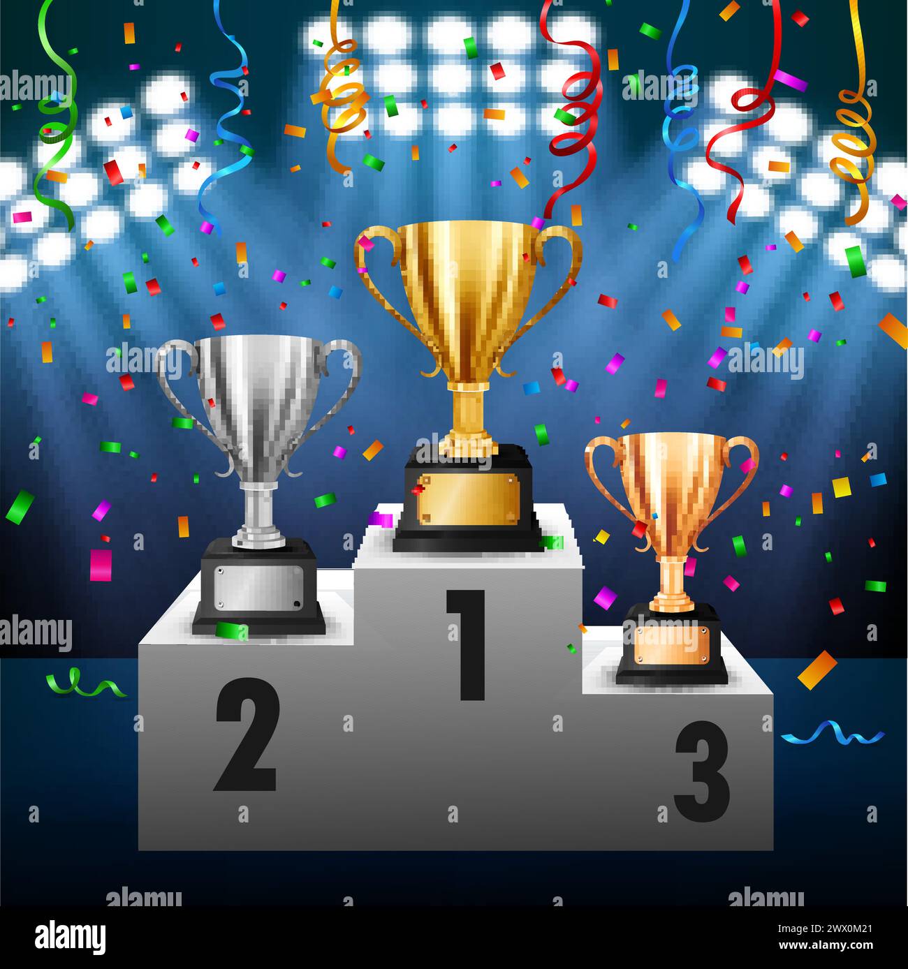 Championship with 3 Trophies on Podium with Illuminated Spotlight ...
