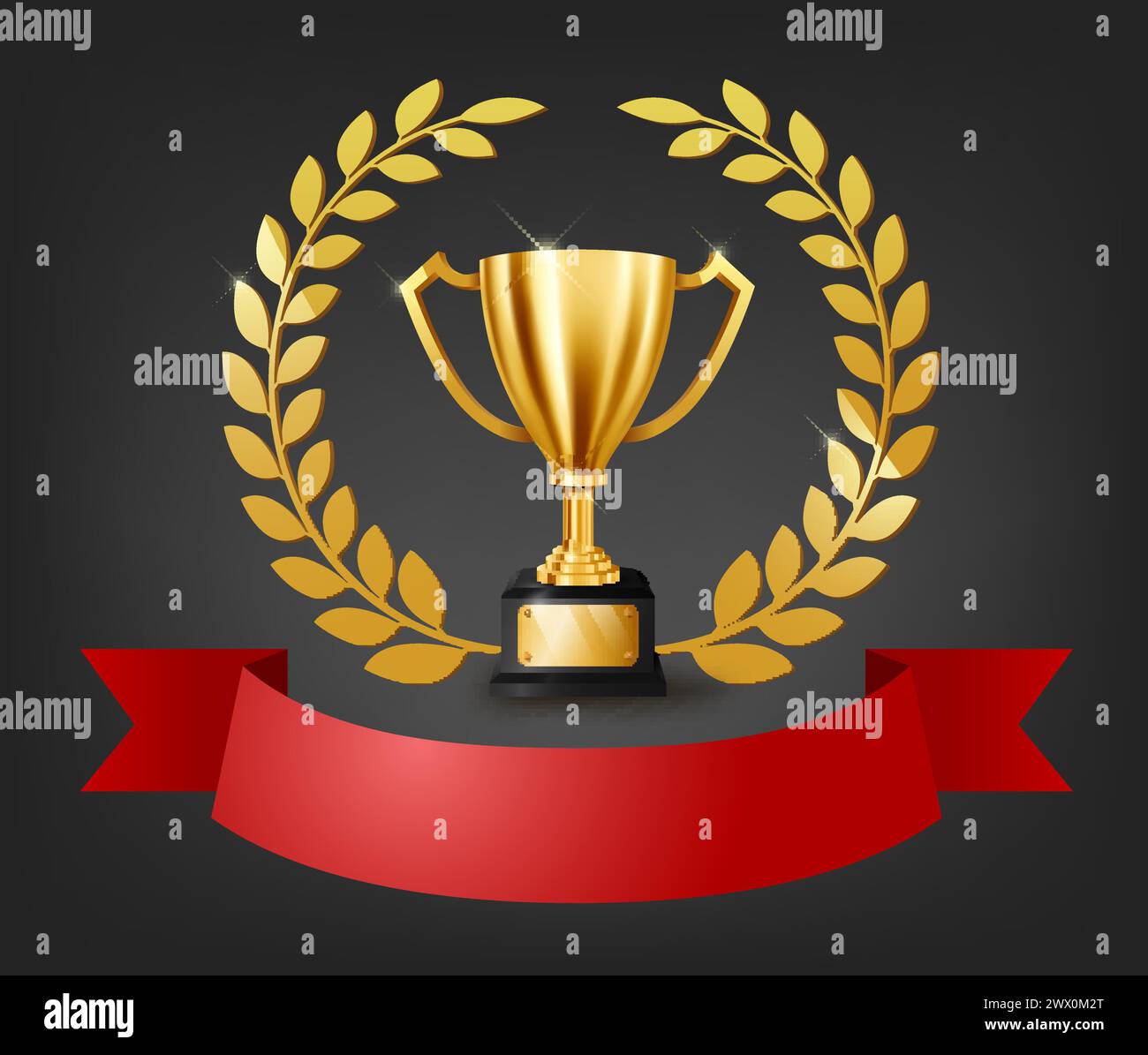Realistic Golden Trophy with Gold Laurel Wreath and Text Space on Red ...