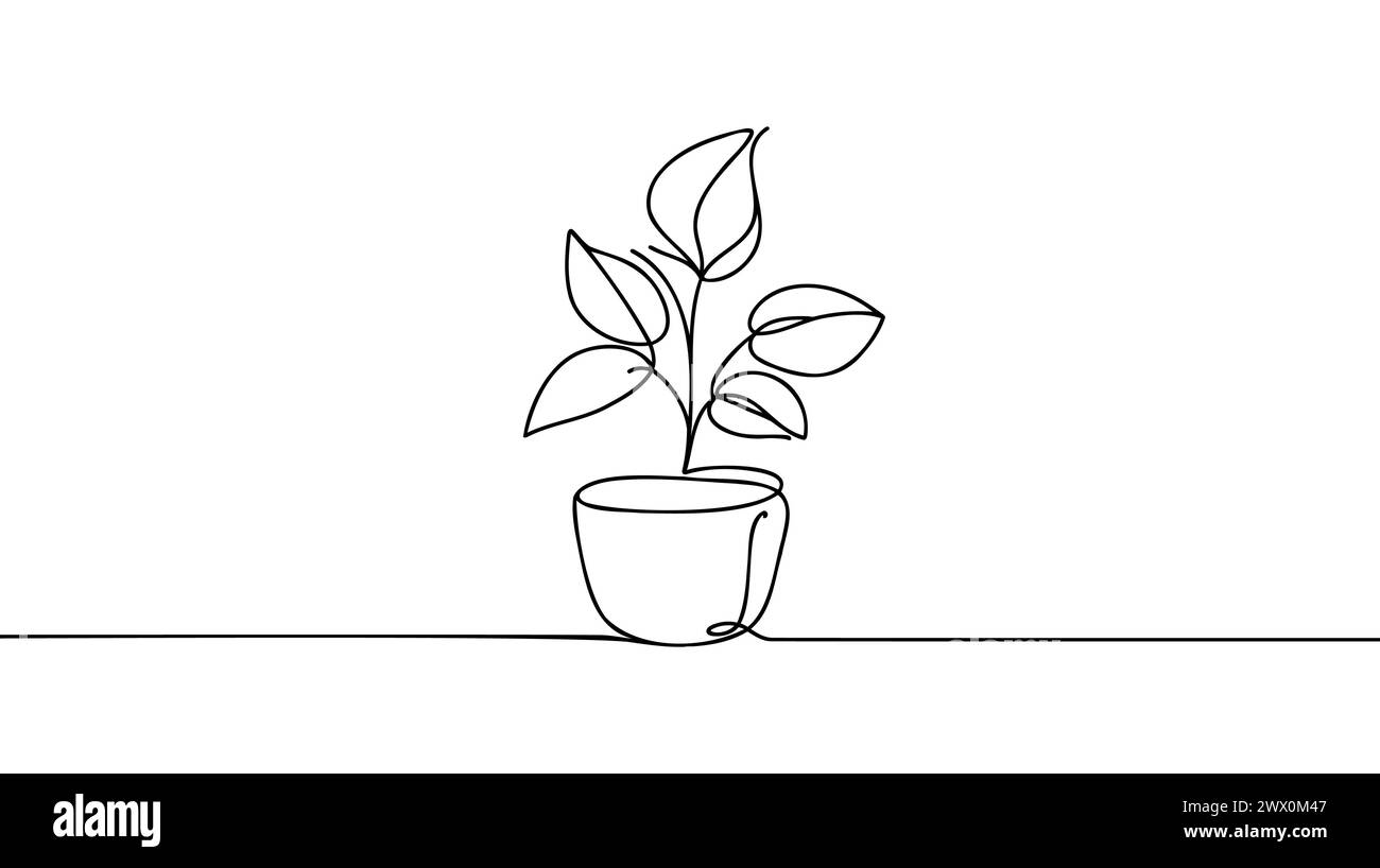 Plant tree in pot in human hands. Continuous one line drawing. Vector ...