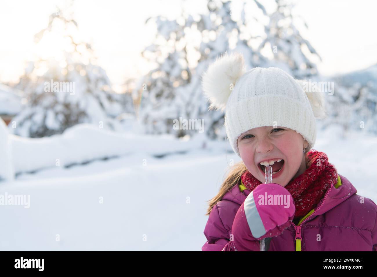 Cute little girl while eating icicle on beautiful winter day Stock ...