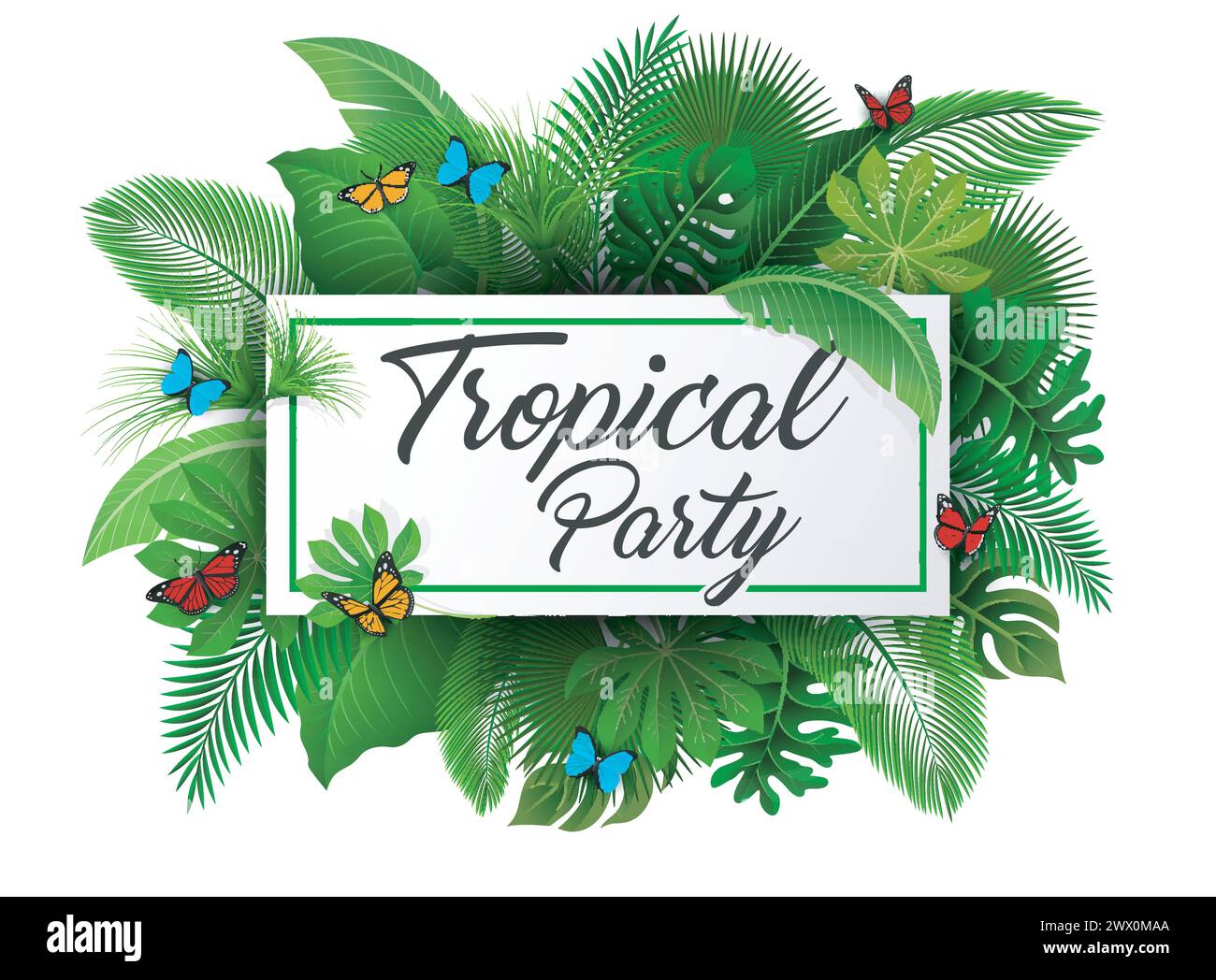 Tropical Party Sign with Tropical Leaves and Butterflies. Suitable For ...