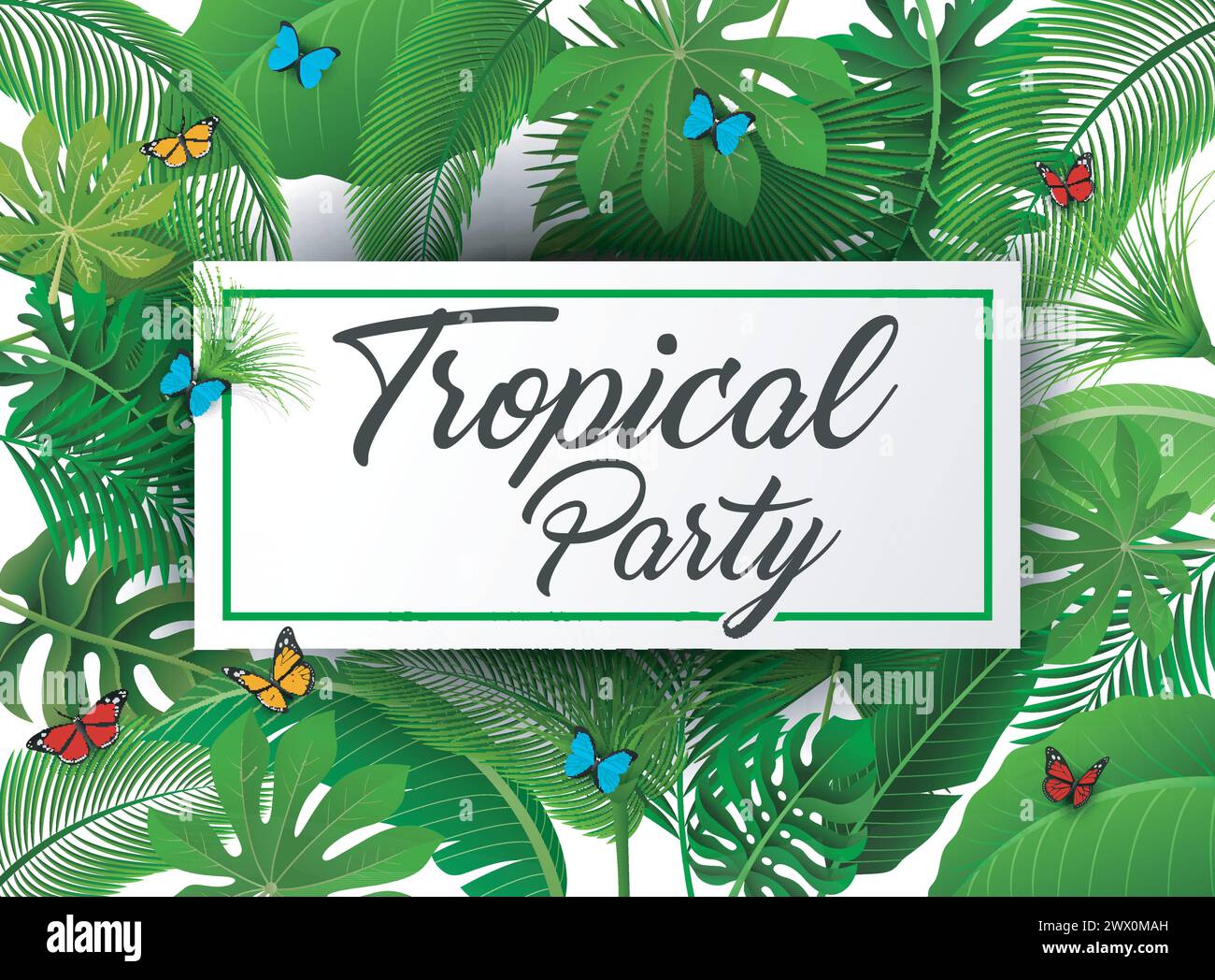 Tropical Party Sign with Tropical Leaves and Butterflies. Suitable For ...
